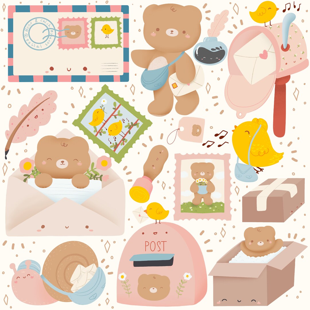 Cute Kawaii Printable Bear Postal Mail Elements Clipart / Commercial ...