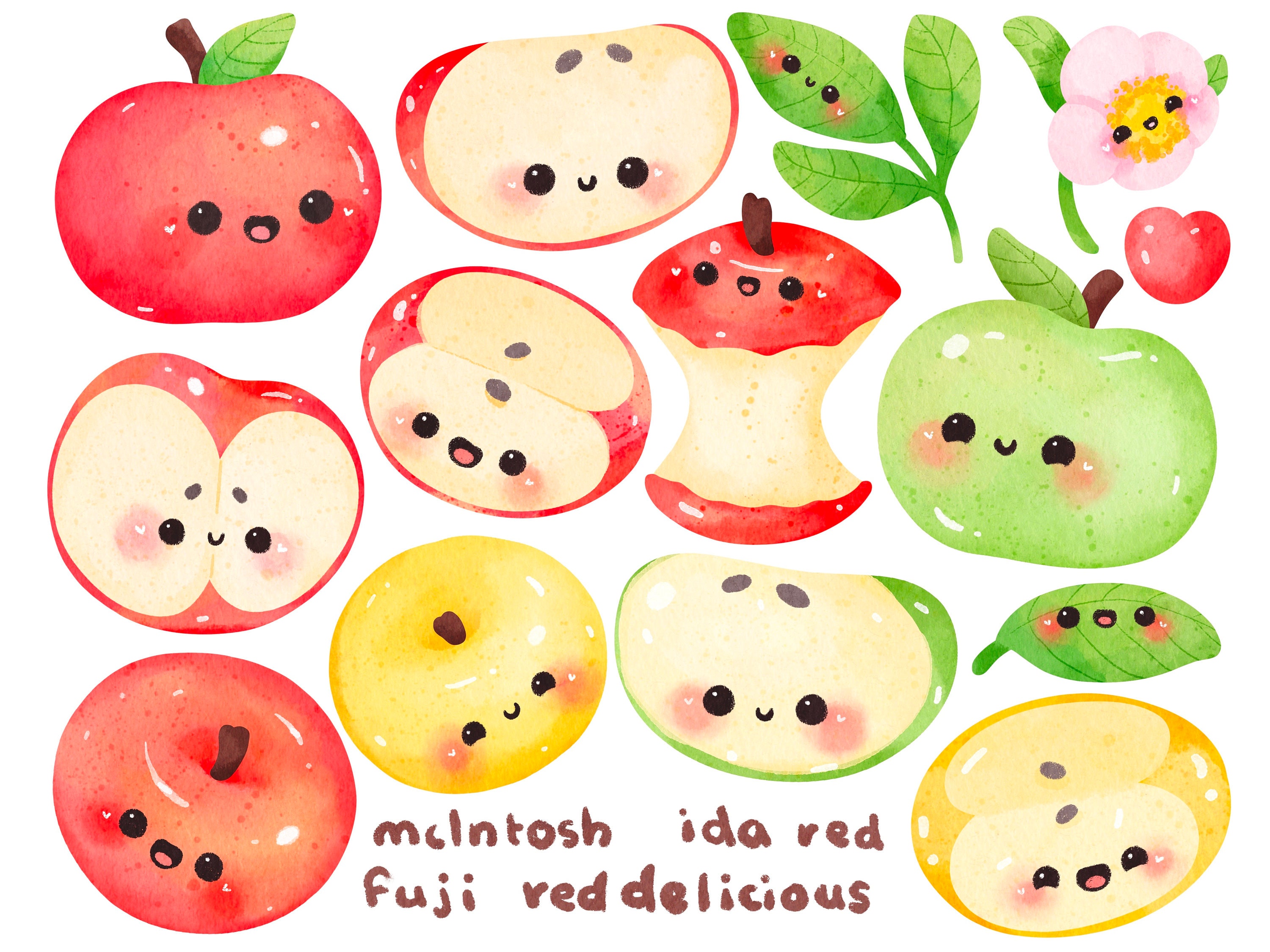 Cute Kawaii Printable Watercolour Apple Clipart / Commercial - Etsy