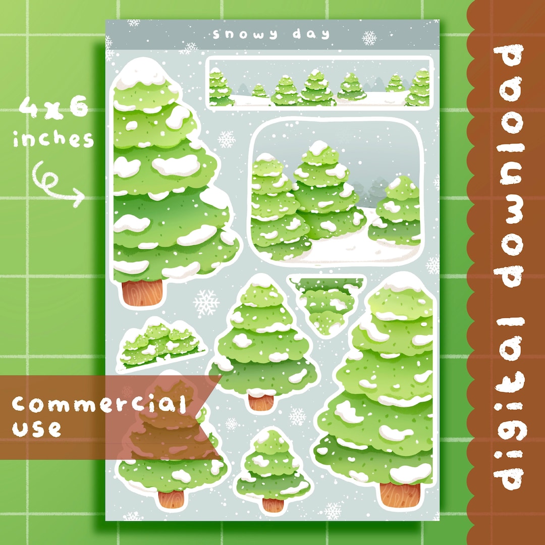 Cute Kawaii Printable Snow Trees Winter Sticker Sheet / Commercial Use ...