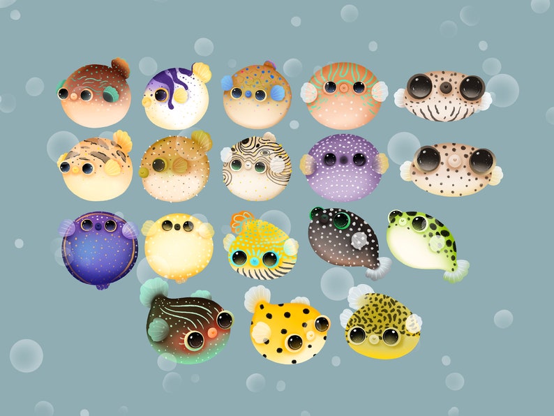 Cute Kawaii Printable Puffer Fish of the World Clipart Set / Commercial ...