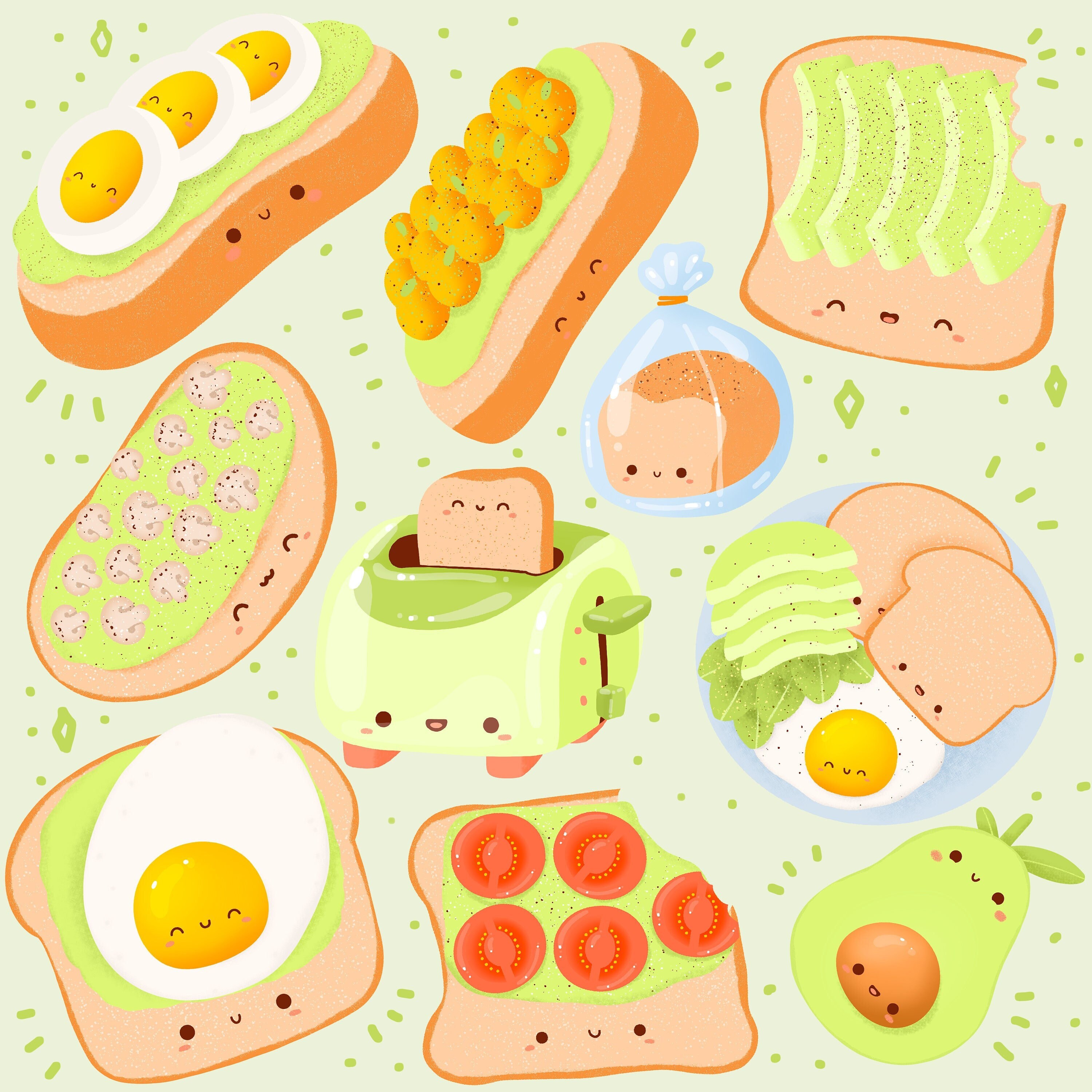 Cute Kawaii Printable Avocado Toast Bread Food Clipart / - Etsy