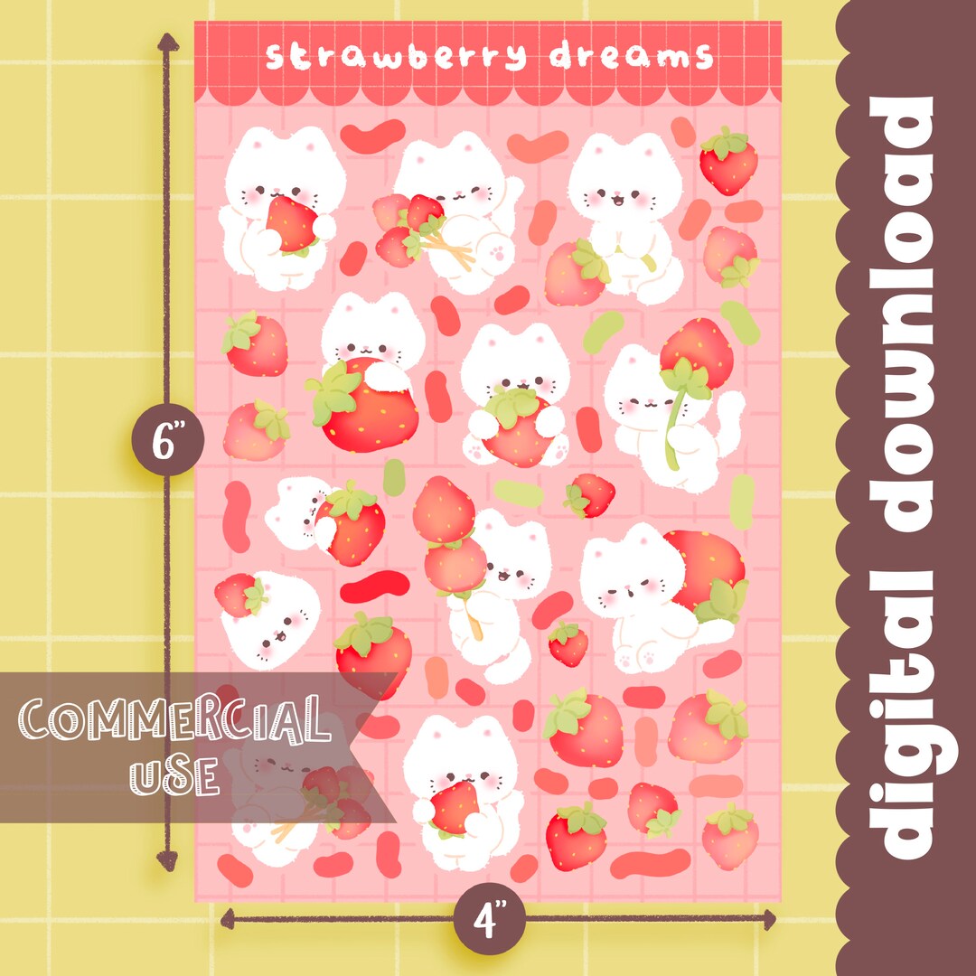 Cute Printable Sticker Sheet Strawberry Cat / Commercial Use/ PNG - Etsy