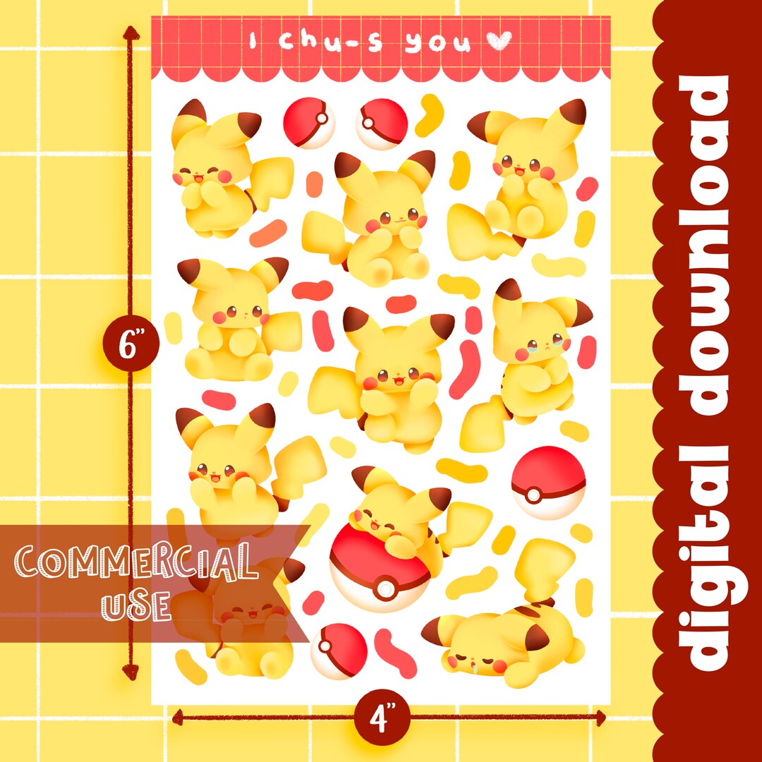 Cute Printable Sticker Sheet Pikachu / Commercial Use/ PNG - Etsy