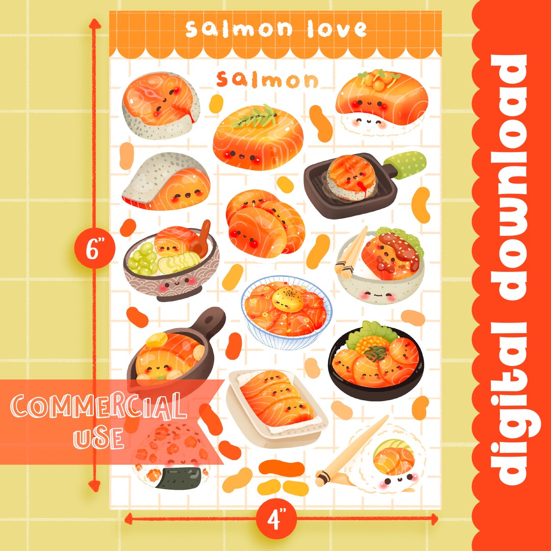 Cute Printable Sticker Sheet Salmon Sticker Sheet / Commercial Use/ PNG ...
