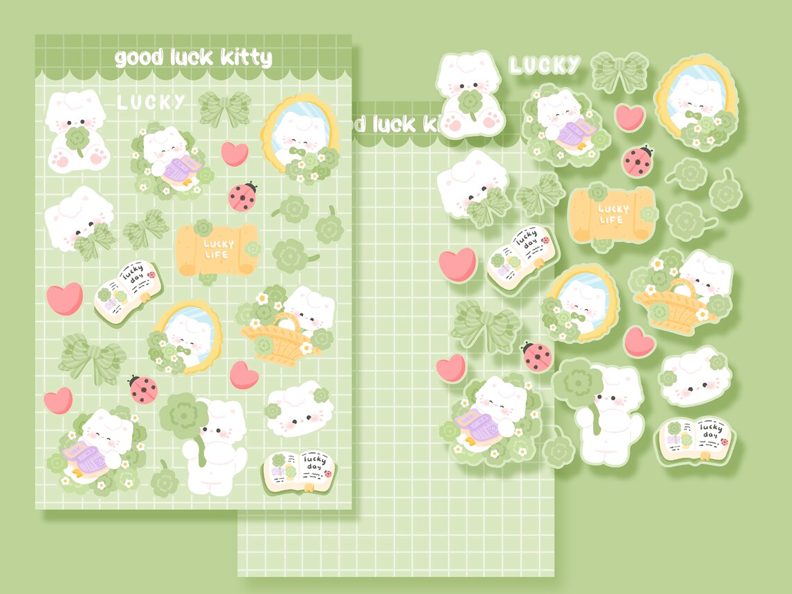 Cute Printable Sticker Sheet Lucky Kitten Clover Sticker Sheet ...