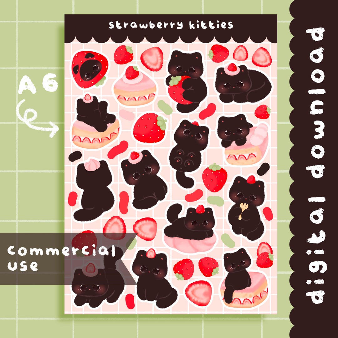Cute Printable Sticker Sheet Strawberry Cats / Commercial Use/ PNG - Etsy