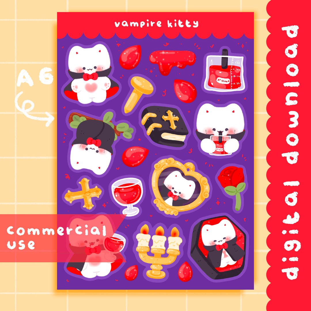 Cute Printable Sticker Sheet Vampire Kitty Sticker Sheet / Commercial ...