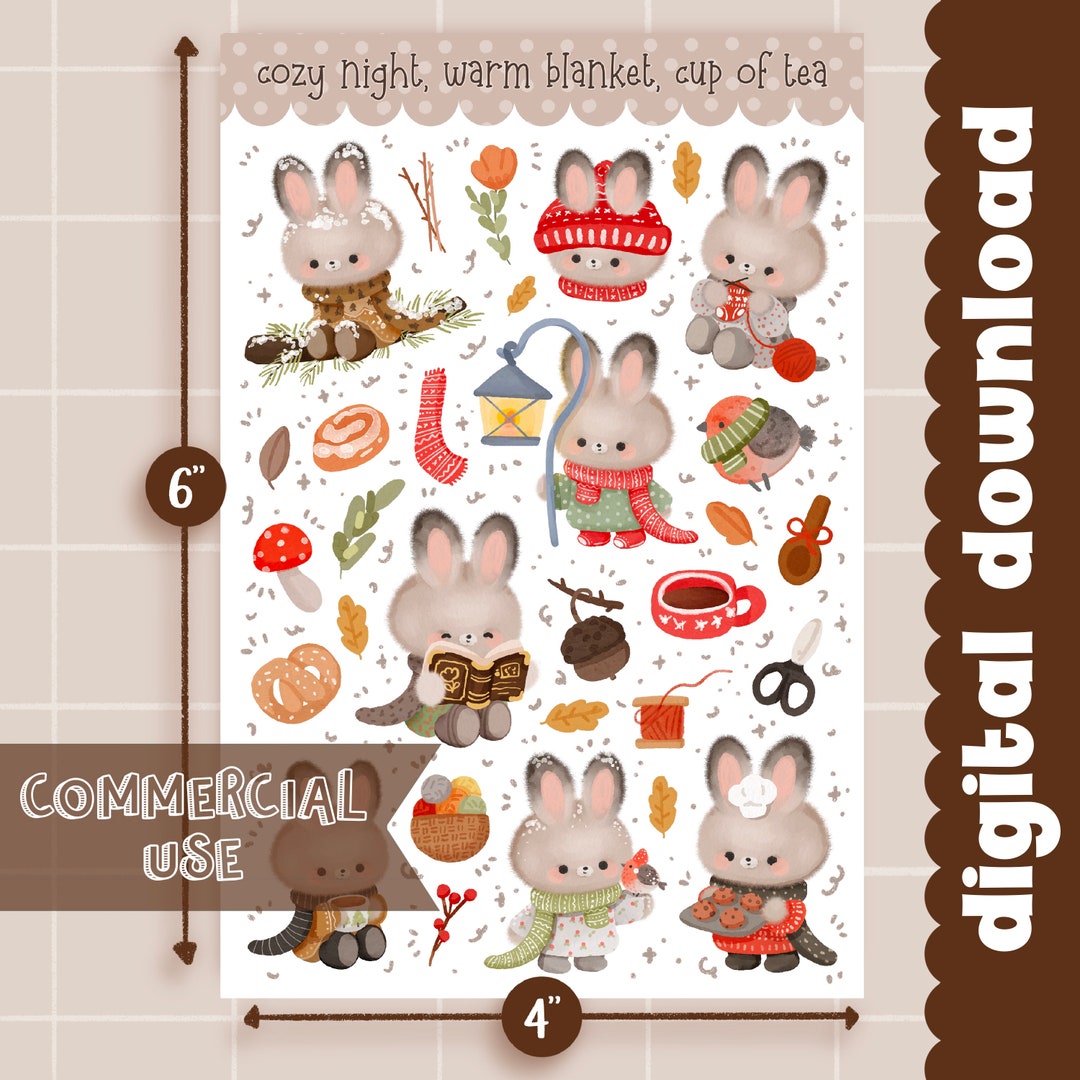 Cute Printable Sticker Sheet Cozy Bunny / Commercial Use/ PNG - Etsy