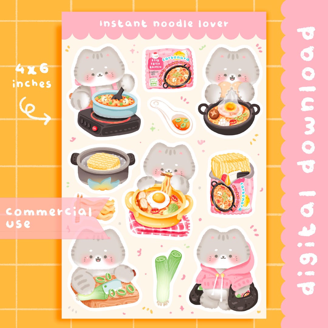 Cute Printable Sticker Sheet Ramen Noodle Lover Cat Sticker Sheet ...