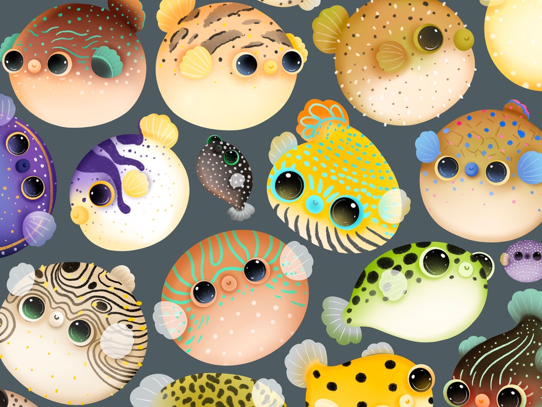 Cute Kawaii Printable Puffer Fish of the World Clipart Set / Commercial ...