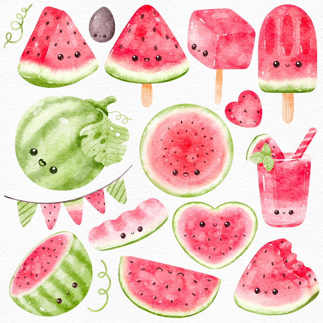 Cute Kawaii Printable Watercolor Watermelons Clipart / Commercial Use ...