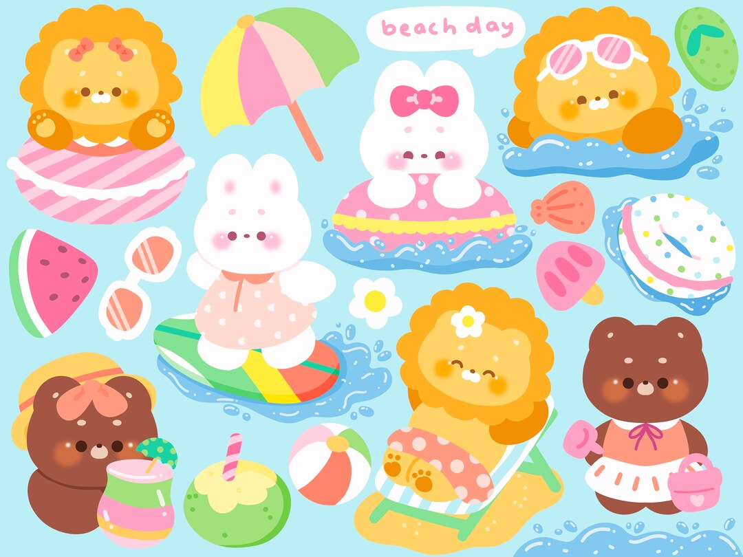 Cute Kawaii Printable Summer Beach Bunny Bear Lion Clipart / Commercial ...