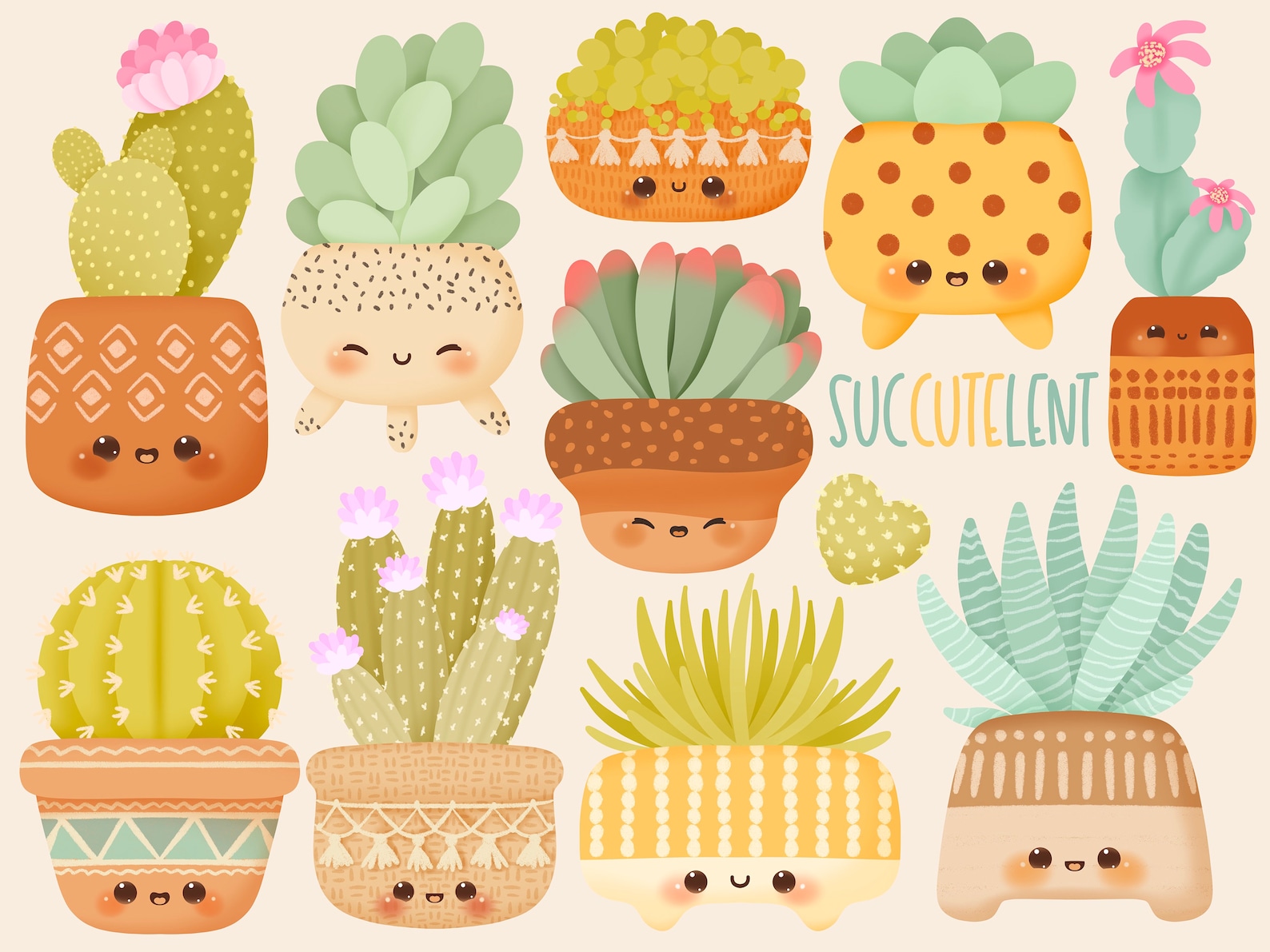 Cute Kawaii Printable Boho Cactus Succulents Clipart / - Etsy