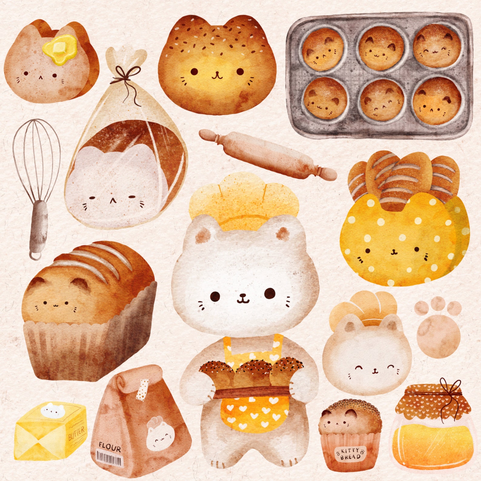 Cute Kawaii Watercolor Printable Cat Bread Bakery Clipart / - Etsy Canada