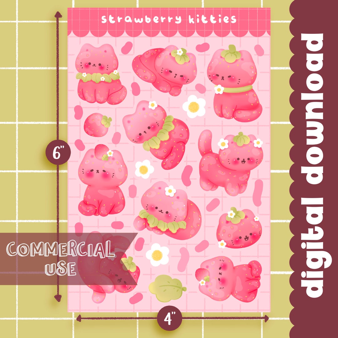 Cute Printable Sticker Sheet Strawberry Cat / Commercial Use/ PNG - Etsy