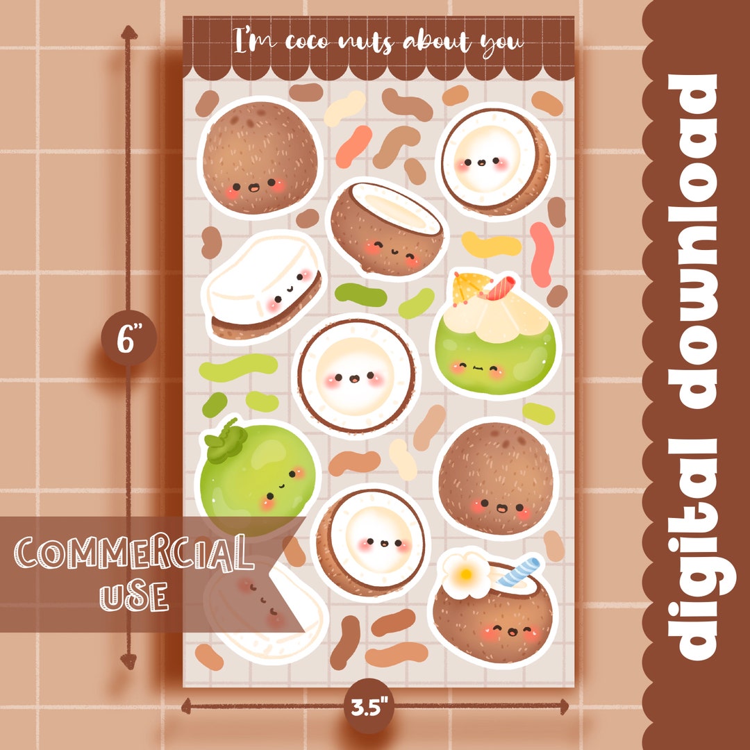 Cute Printable Sticker Sheet Coconut / Commercial Use/ PNG - Etsy