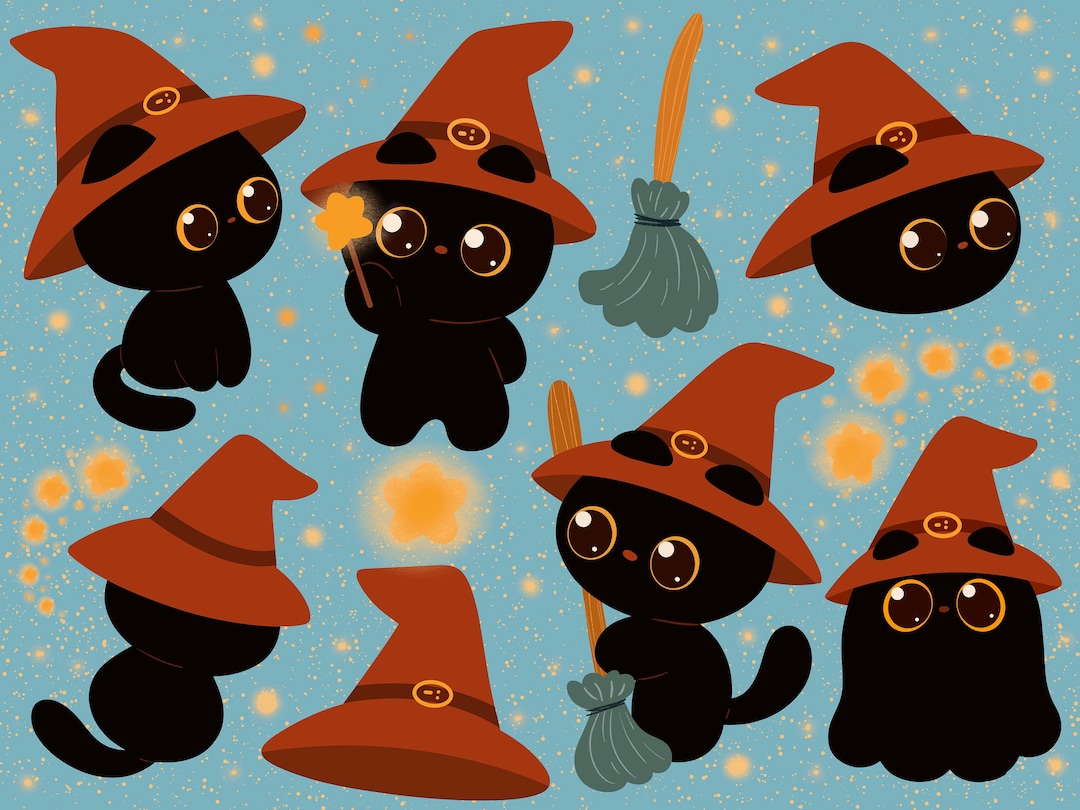 Cute Kawaii Printable Chibi Black Witch Cat Clipart / Commercial Use ...