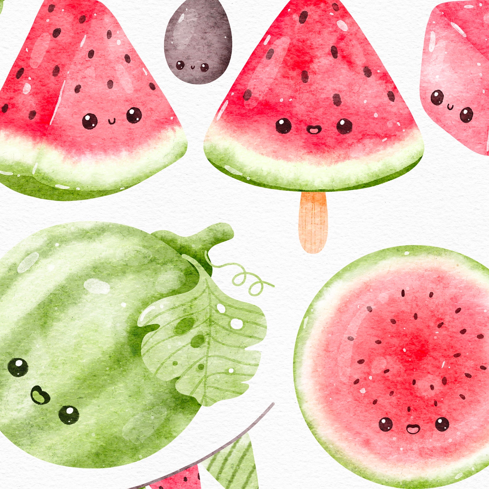 Cute Kawaii Printable Watercolor Watermelons Clipart / - Etsy
