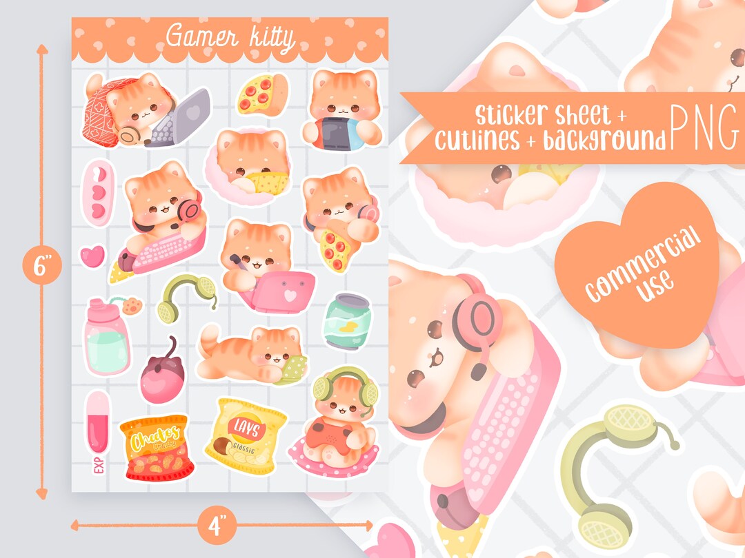 Cute Printable Sticker Sheet Kitty Gamer Pack Sticker Sheet ...