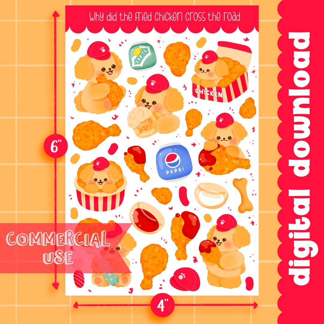 Cute Printable Sticker Sheet Fried Chicken Sticker Sheet / Commercial ...