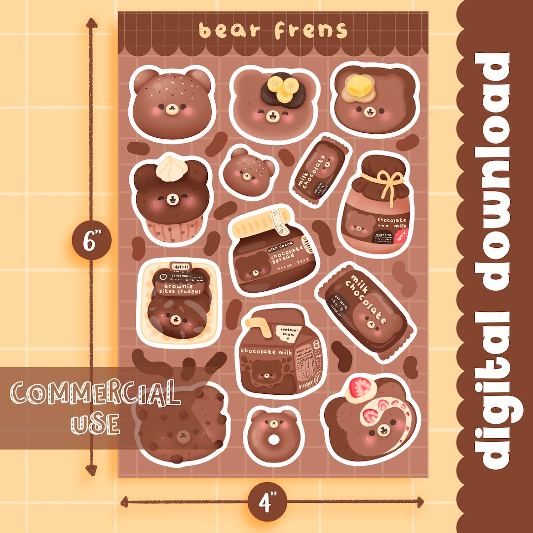 Cute Printable Sticker Sheet Chocolate Bear Sticker Sheet / Commercial ...