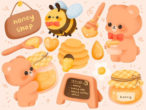 Cute Kawaii Printable Bear and Bee's Honey Shop Clipart / - Etsy Australia