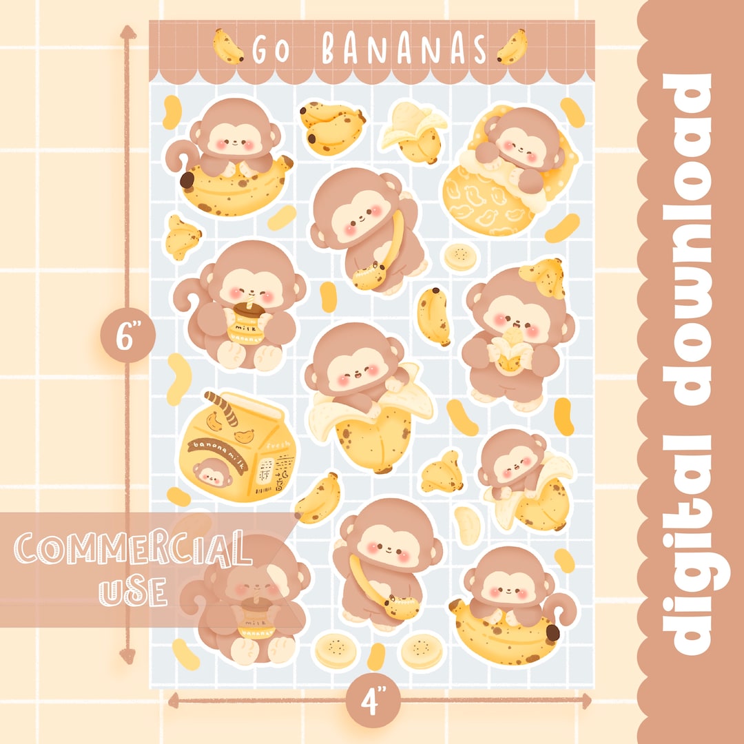 Cute Printable Monkey Banana Sticker Sheet / Commercial Use/ PNG - Etsy
