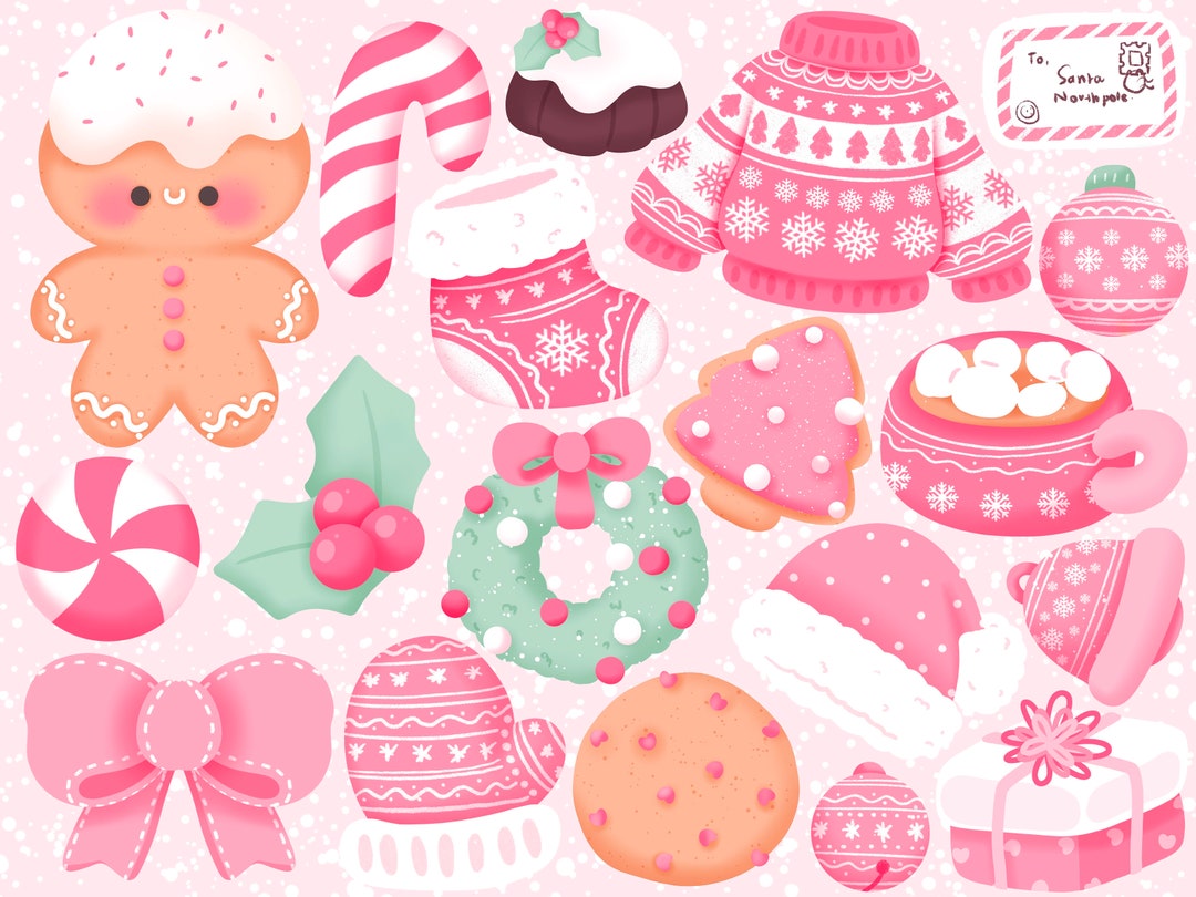 Cute Kawaii Printable Pink Christmas Clipart Set / Commercial Use/ PNG ...