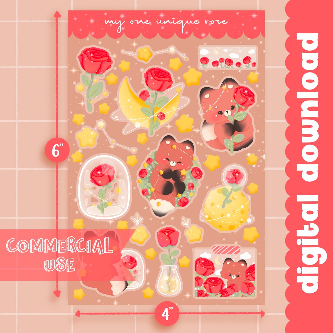 Cute Printable Sticker Sheet Rose Foxes Sticker Sheet / Commercial Use/ PNG - Etsy