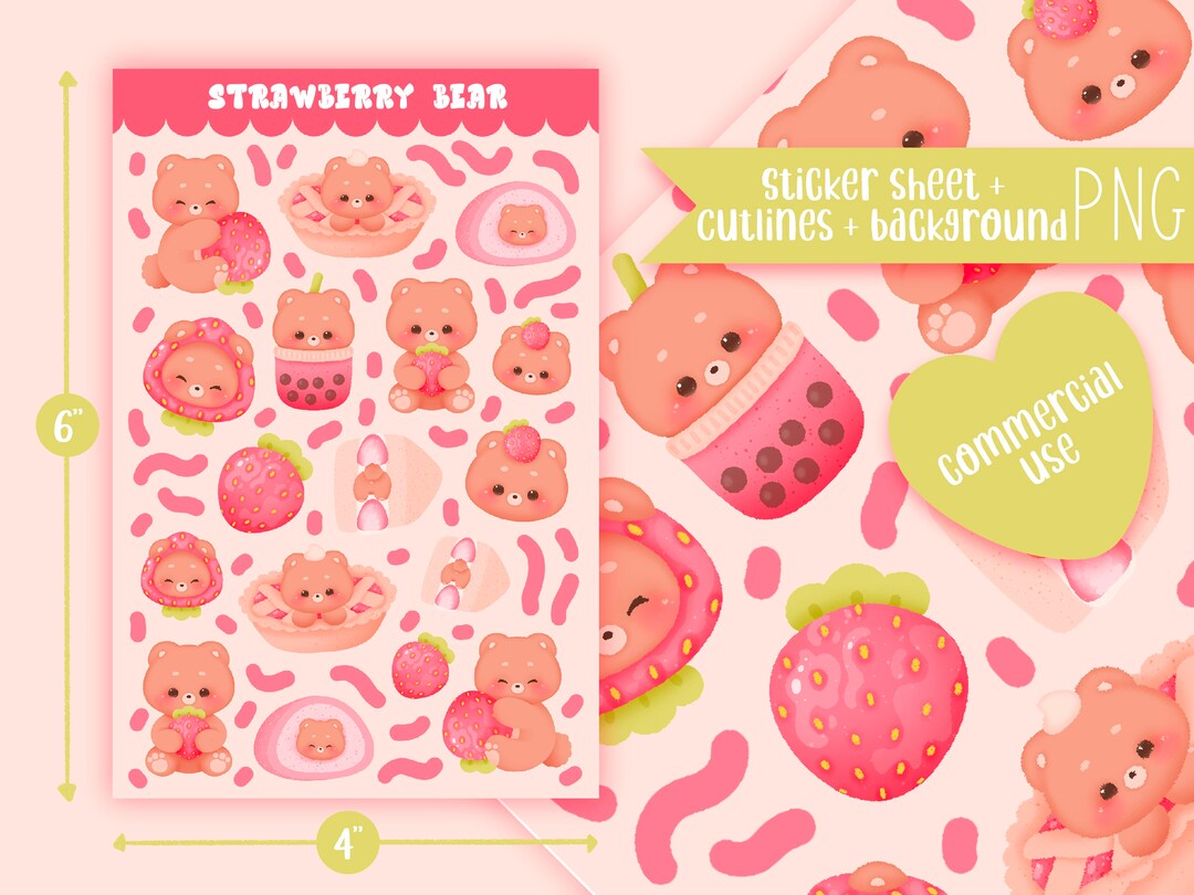 Cute Printable Sticker Sheet Strawberry Bear Sticker Sheet / Commercial Use/ PNG - Etsy