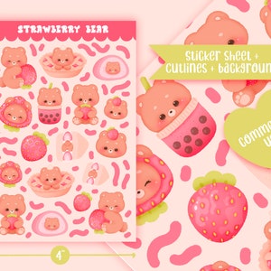 Cute Printable Sticker Sheet Strawberry Bear Sticker Sheet / Commercial ...