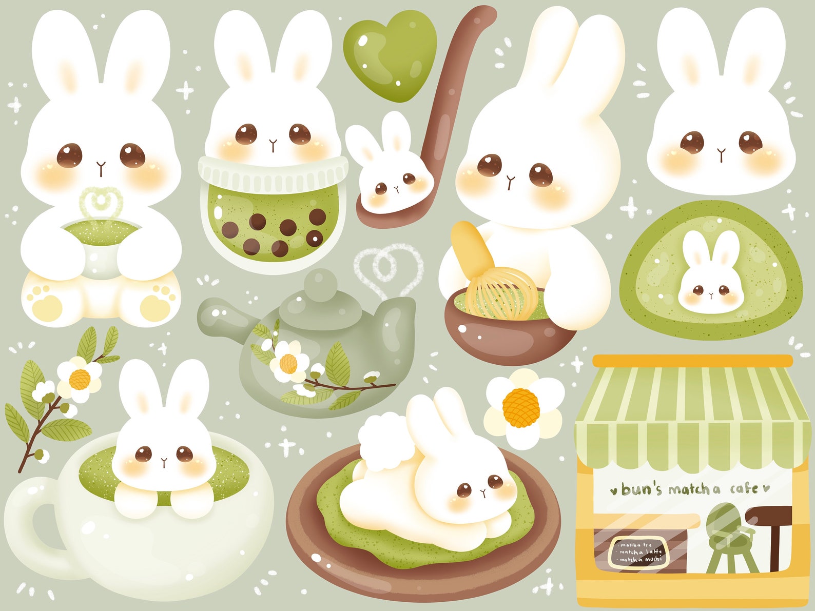 Cute Kawaii Printable Matcha Bunny Clipart / Commercial Use/ - Etsy