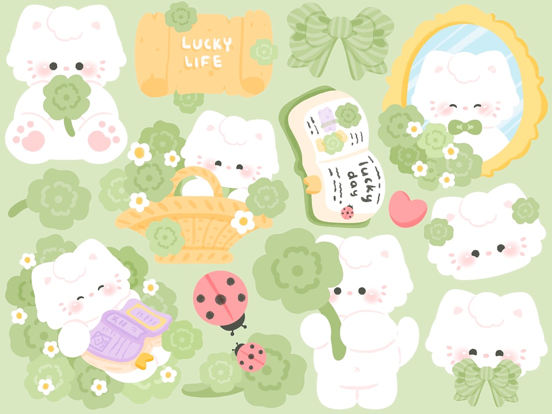 Cute Kawaii Printable Chibi Lucky Clover Cat Clipart / Commercial Use ...