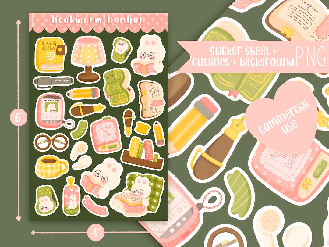 Cute Printable Sticker Sheet Bunny Bookworm Sticker Sheet / Commercial ...