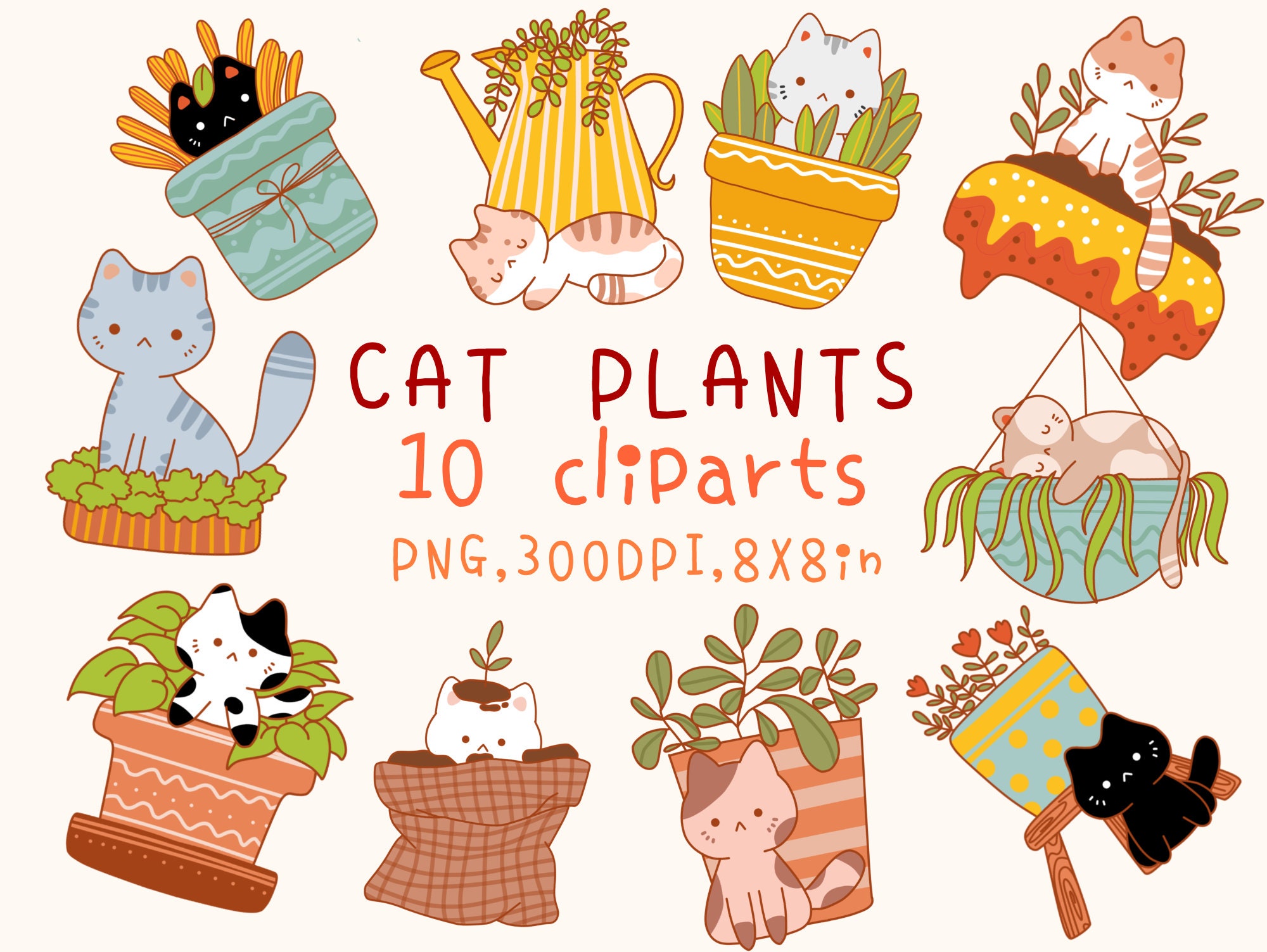 Cute Kawaii Printable Cat and Plants Clipart / Commercial Use/ - Etsy