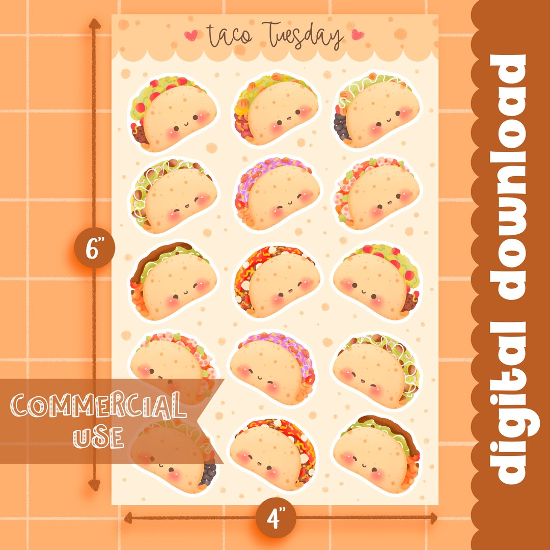 Cute Printable Sticker Sheet Taco Sticker Sheet / Commercial Use/ PNG ...