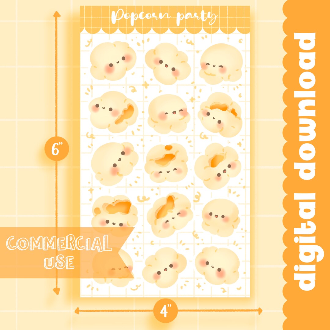 Cute Printable Sticker Sheet Popcorn / Commercial Use/ PNG - Etsy