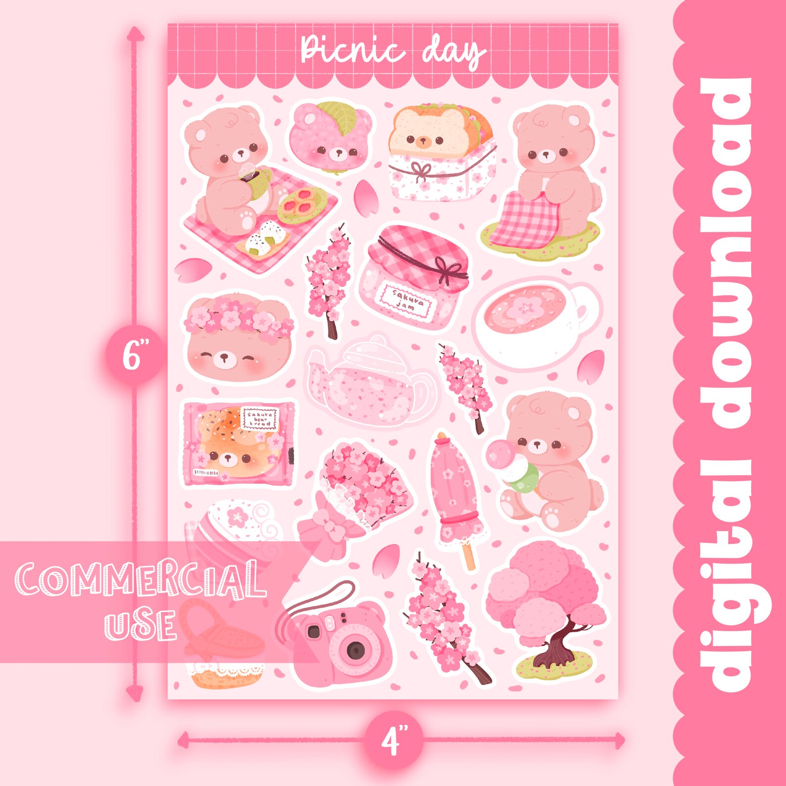 Cute Printable Sticker Sheet Sakura Picnic Bear Sticker Sheet ...