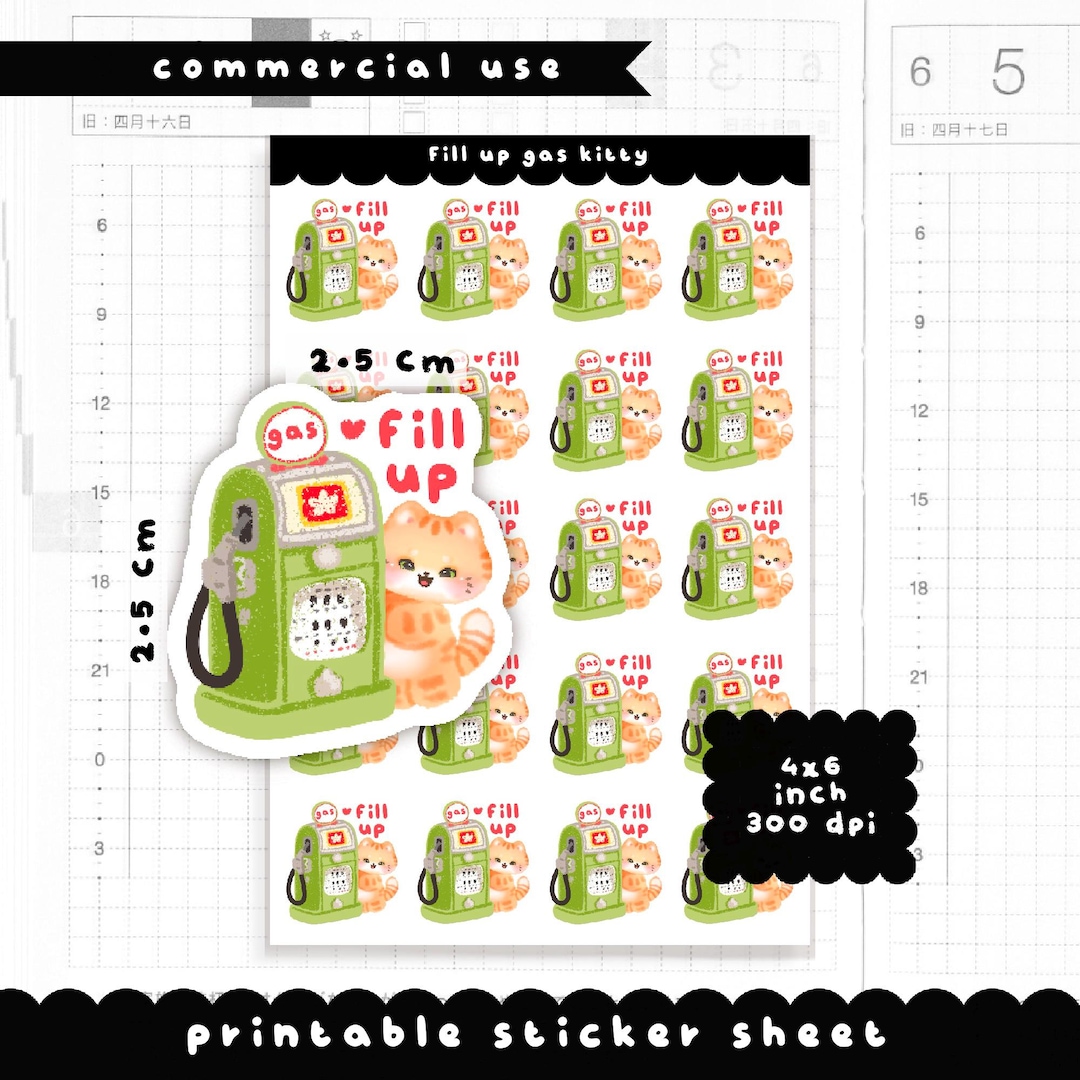 Cute Kawaii Gas Fuel Kitty Icons | Planner Sticker Sheet | Commercial ...