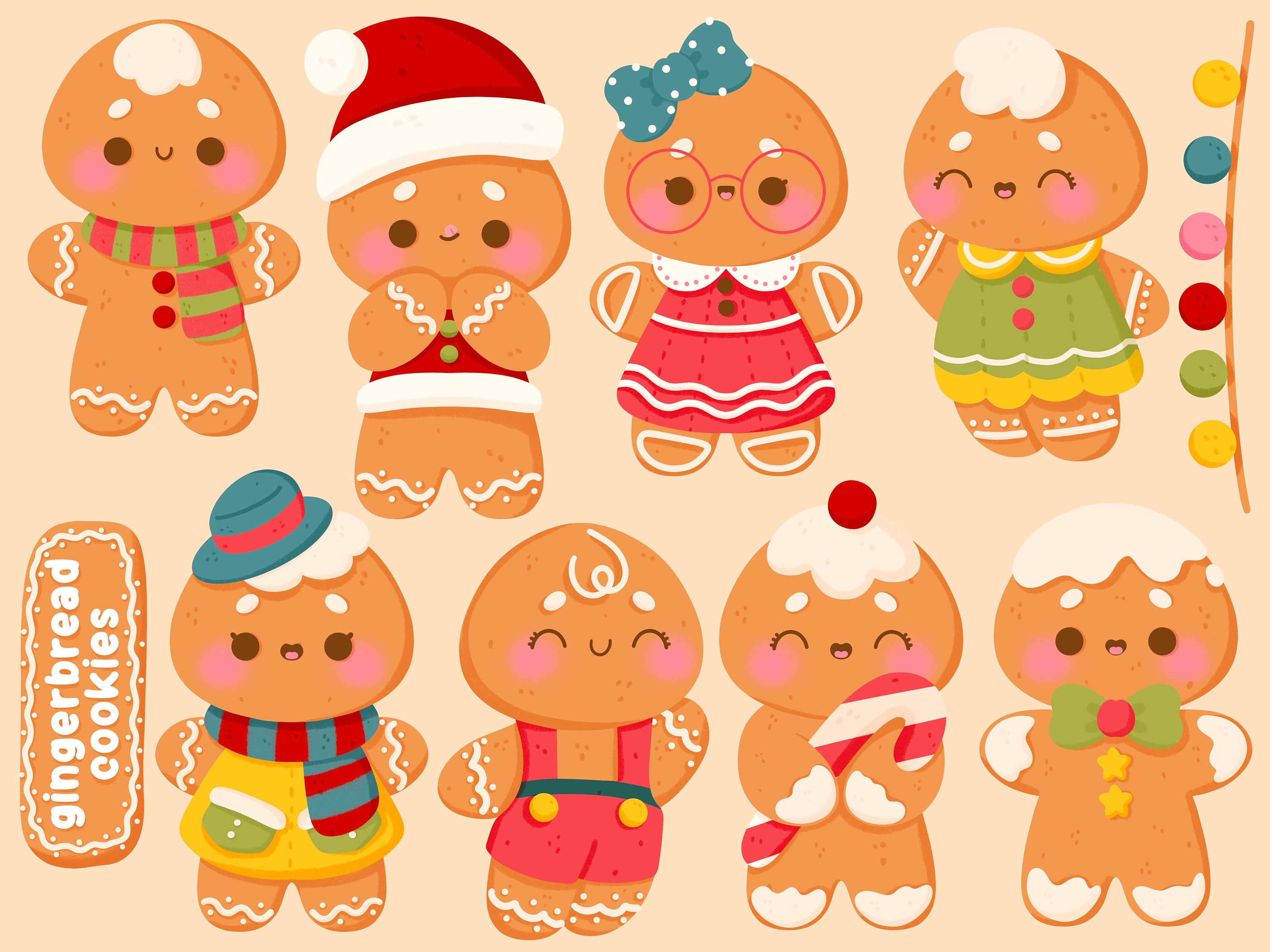 Cute Kawaii Printable Gingerbread Cookies Clipart / Commercial Use/ PNG ...