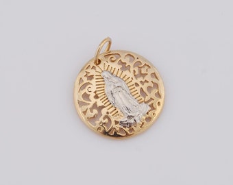 18K Gold Filled Round Pendant, Virgin Mary Charms, Religious Charms ...