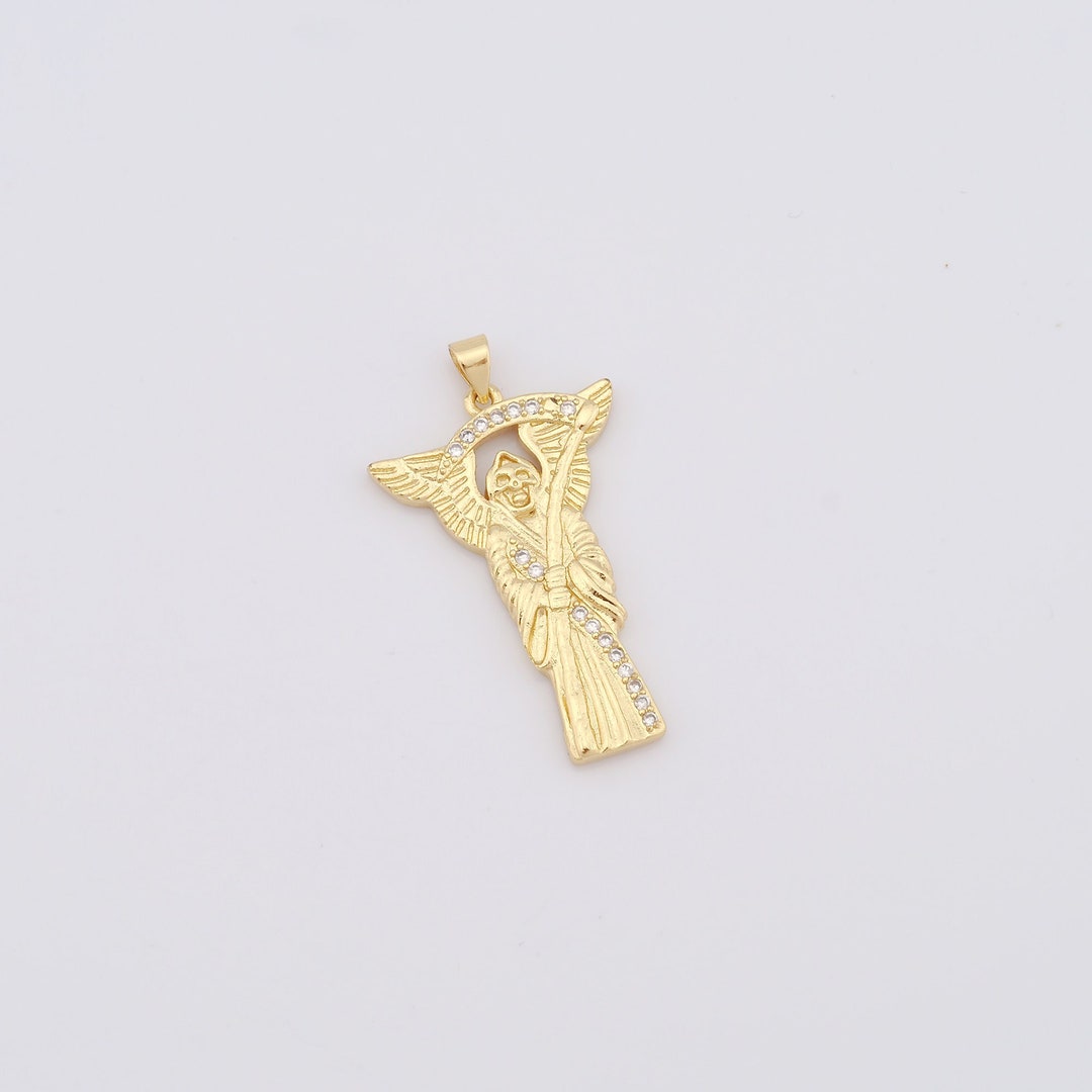 Gold Death Scythe Pendant, 18K Gold Filled Religious Charms, CZ Death ...