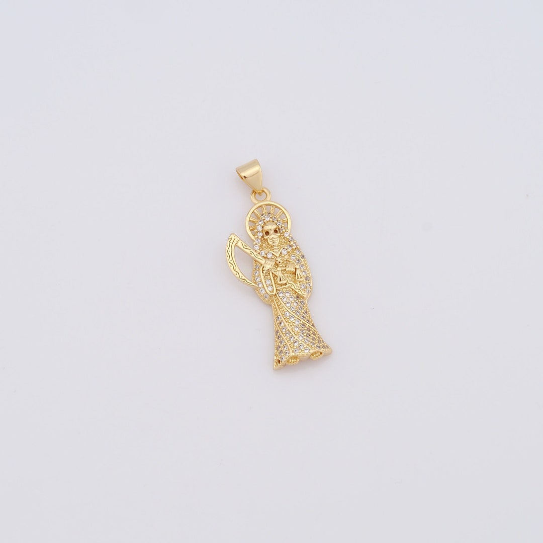 Gold Death Scythe Pendant, 18K Gold Filled Religious Charms, CZ Death ...