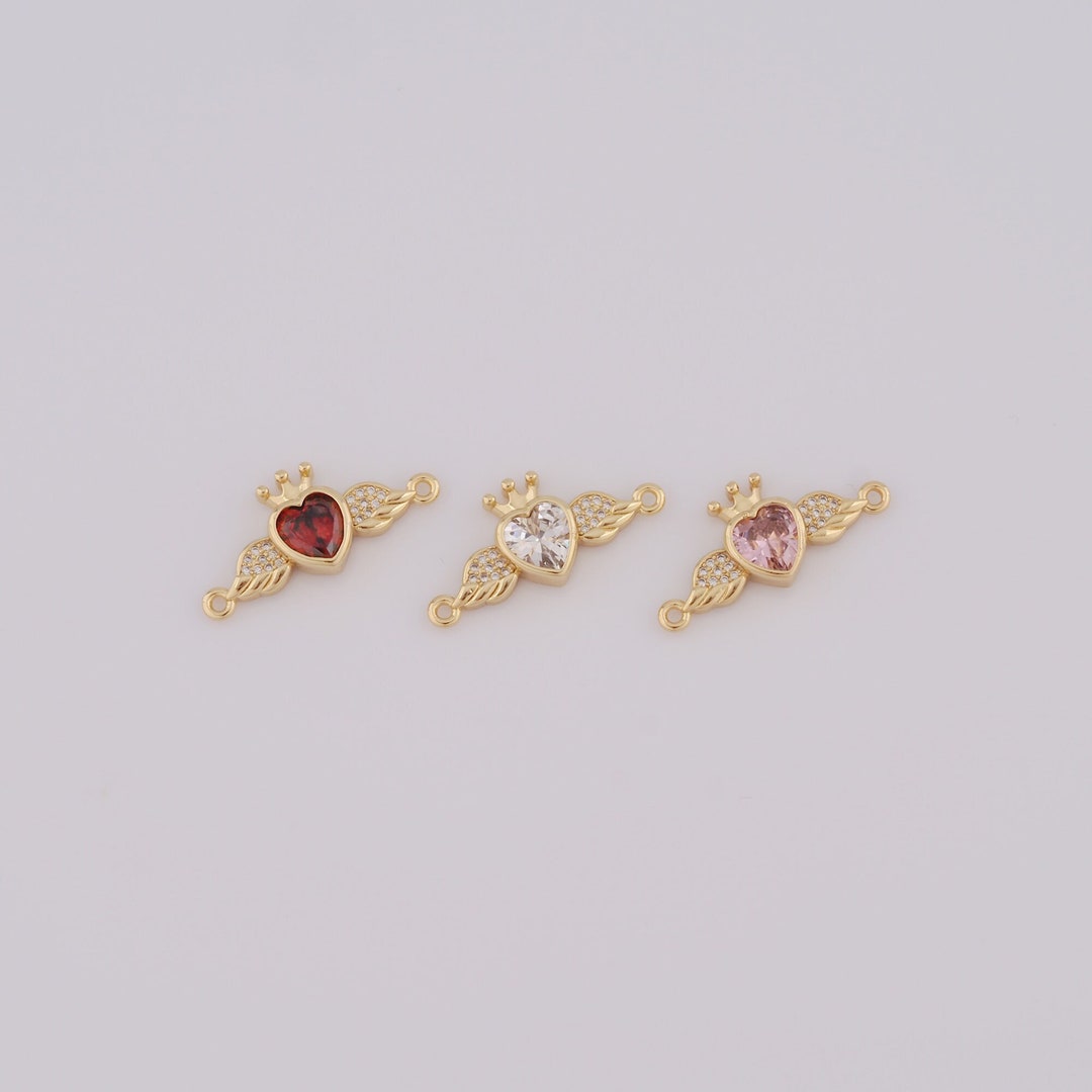Gold CZ Wings Connector, 18K Gold Filled Heart Connector,crown ...
