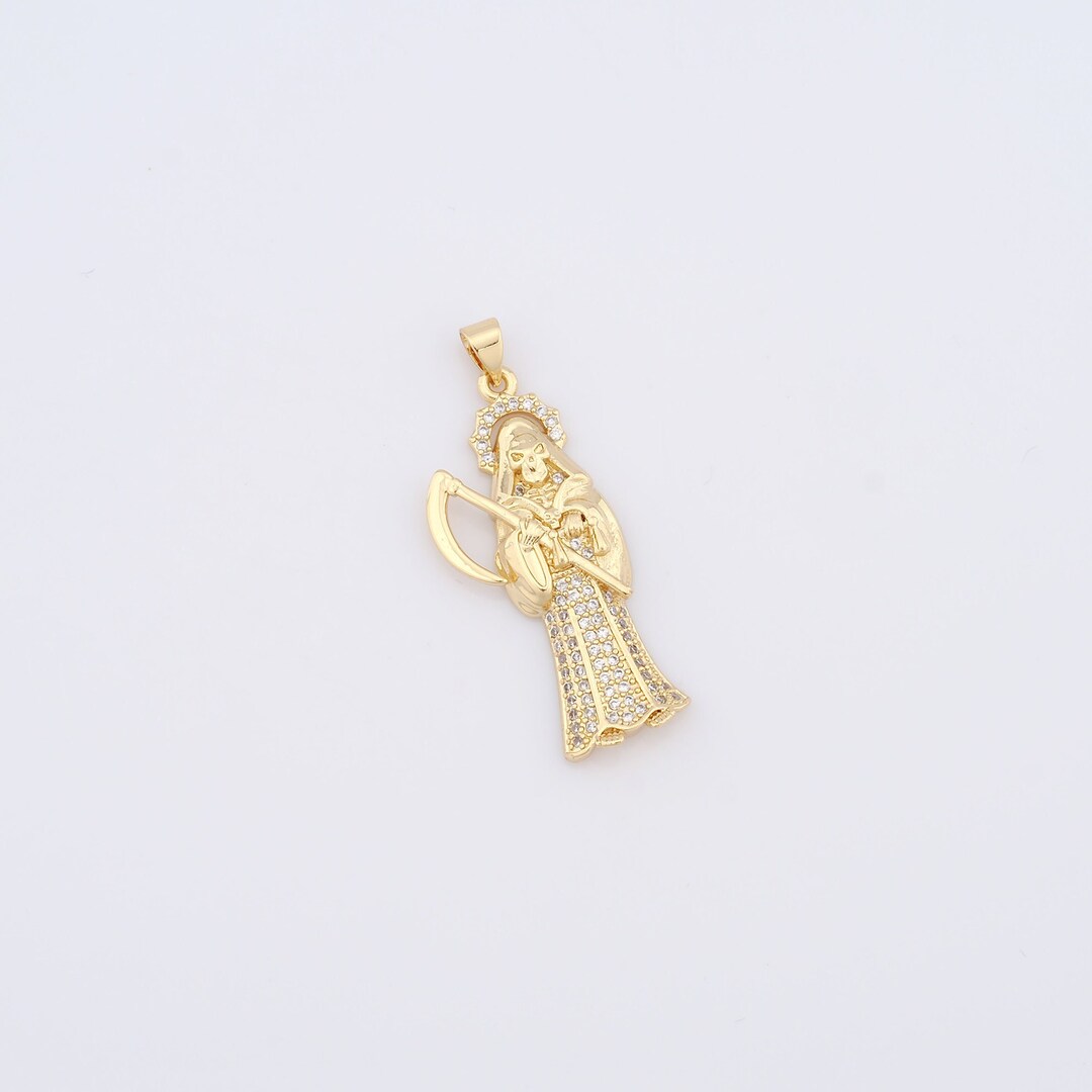 Gold Death Scythe Pendant, 18K Gold Filled Religious Charms, CZ Death ...