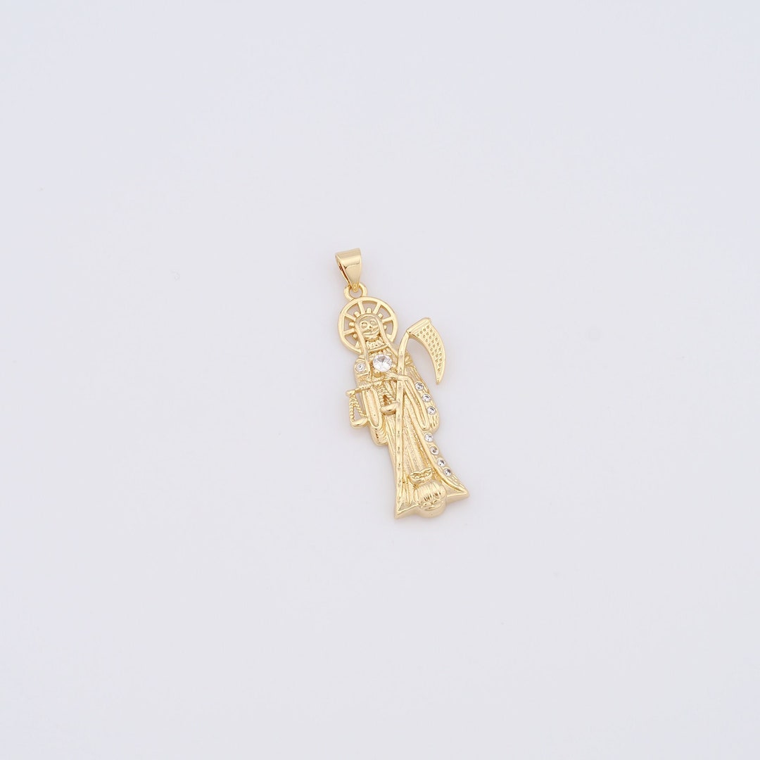 Gold Death Scythe Pendant, 18K Gold Filled Religious Charms, CZ Death ...
