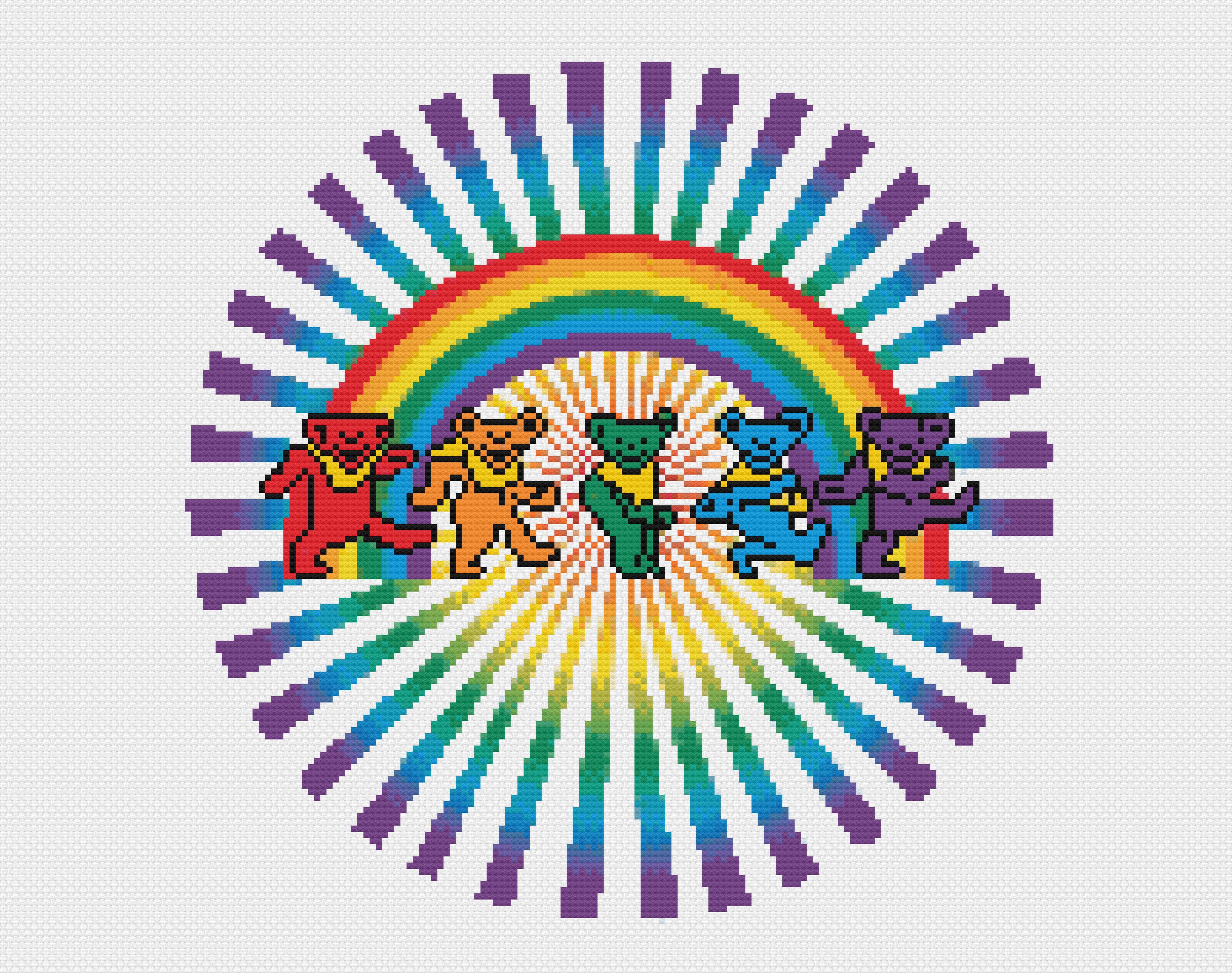 Greatful Dead Bears Cross Stitch Chart I Rainbow I Deadhead I Colorful ...