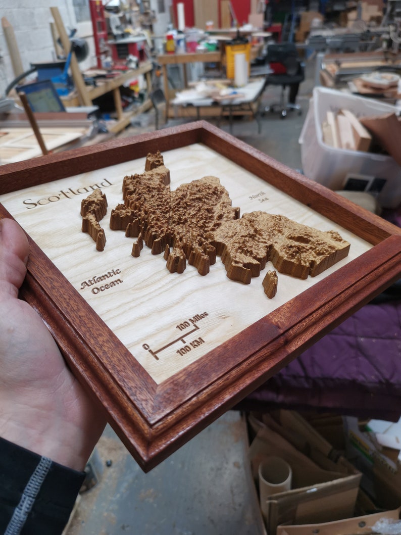 Topographic Scotland Map. Solid Carved Wood. Handmade Frame Scottish ...