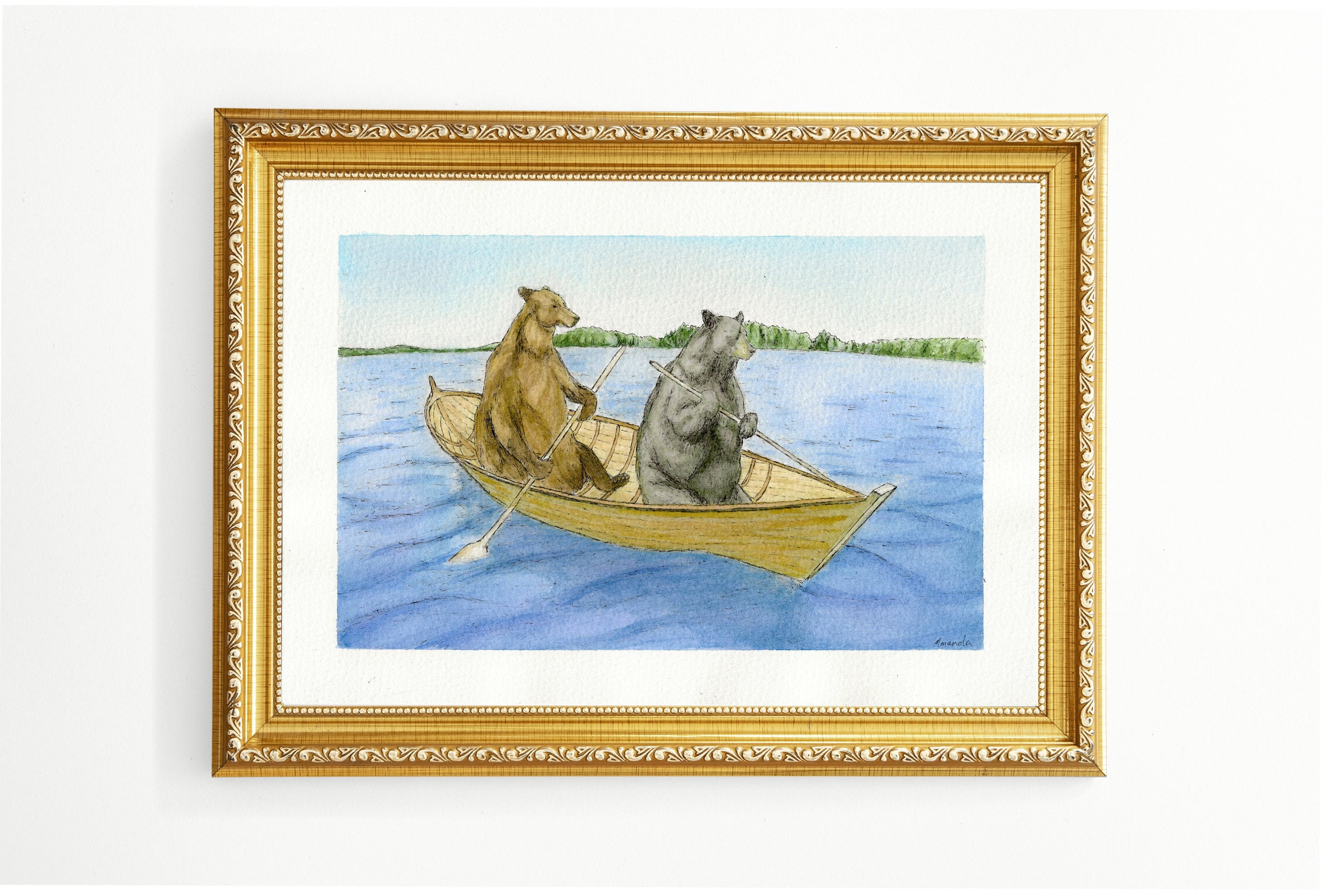 Cute Brown Bear and Black Bear Rowing Boat Watercolor Digital Print ...