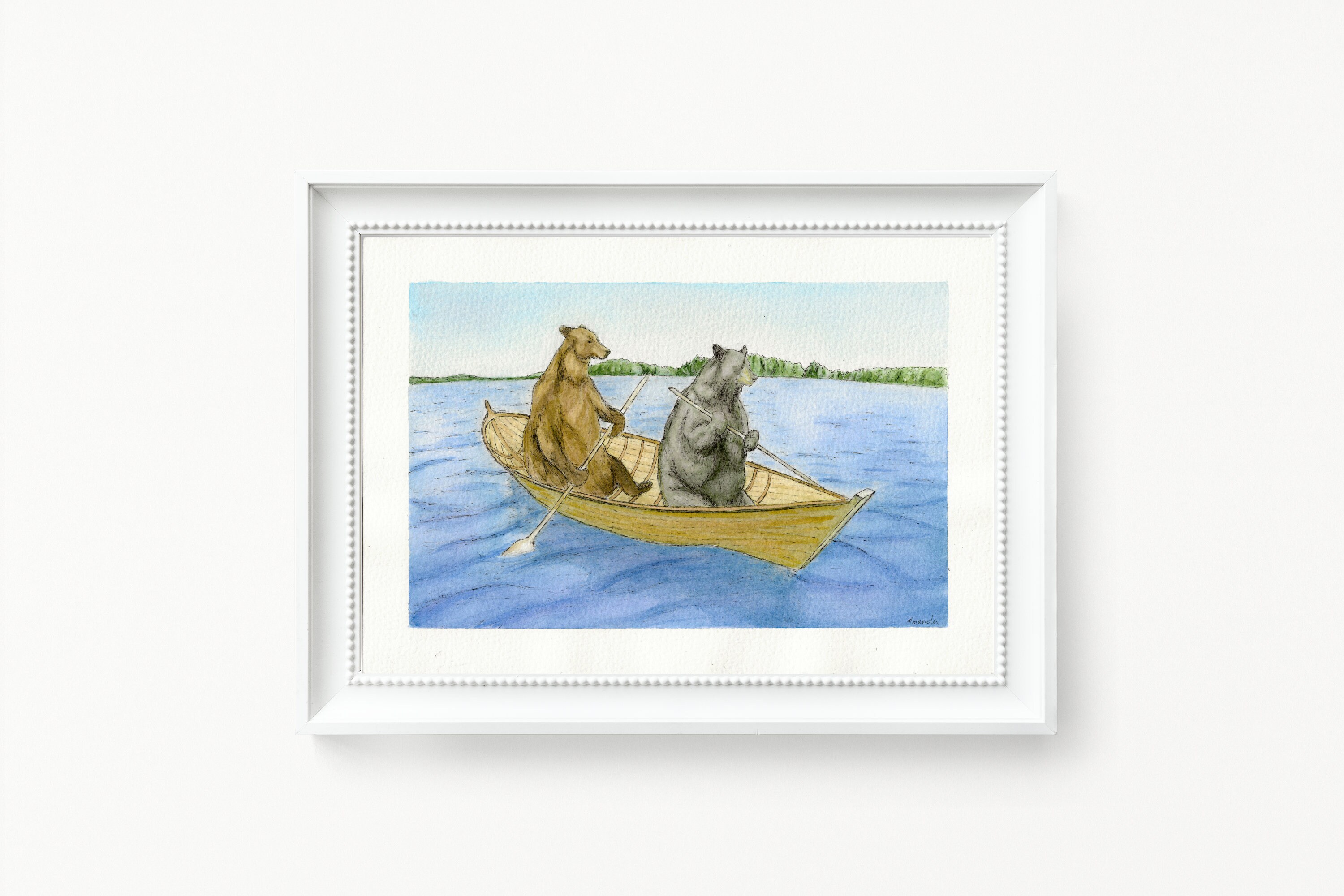 Cute Brown Bear and Black Bear Rowing Boat Watercolor Digital Print ...